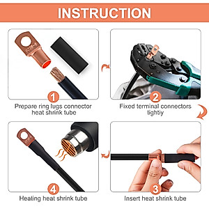 Copper Wire Lugs,Terminal Connectors,Used on AWG12 10 8 6 4 2 Cable,Heat Shrink Set,Bare Copper Eyelets,Ring Terminals Connectors,64Pcs Battery Cable Lugs Ends and 66Pcs Heat Shrink Tubing (130PCS)