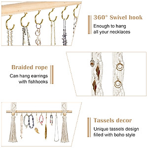 Grathia Hanging Jewelry Organizer Macrame Necklace Holder with 30 Hooks, Wall Mounted Necklace Rack, Necklace Hanger with Tassel for Necklaces Bracelet Earrings (Beige)