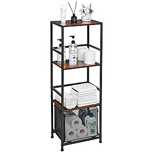 4-Tier Bathroom Storage Shelves, Retro Shelving Unit and Storage Bathroom Rack, Iron Wood Combination Heavy Duty Bathroom Stand with Drawer, Freestanding Tall Shelf for Bathroom, Kitchen, Laundry