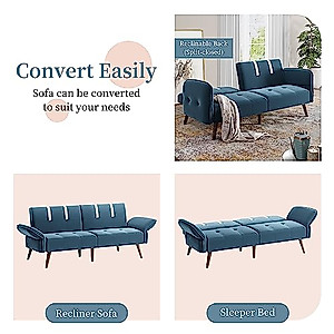 JAMFLY 69'' Velvet Futon Sofa Bed, Convertible Futon Couch Sleeper Sofa with Adjustable Armrests and Backrest, Modern Loveseat Sofa for Living Room, Bedroom…