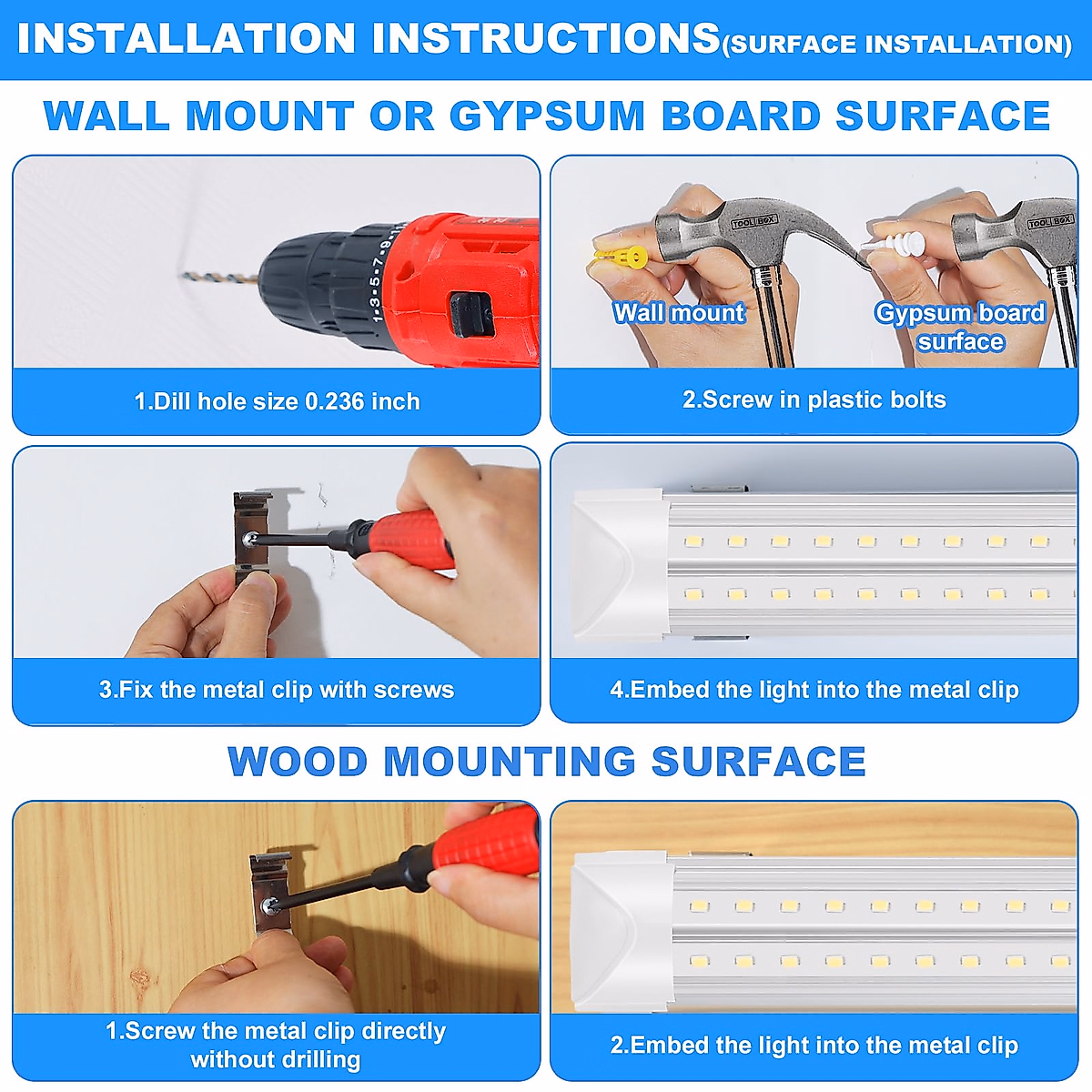 Phiwicsh 8FT LED Shop Light 10 Pack, Hanging/Surface Mount 6000K/White Light LED Tube Light, Plug & Play 72W 11520LM Super Bright High Output T8 LED Ceiling Lighting, Linkable Shop Lights for Garage