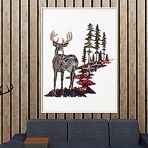 Forest Tree Deer Wall Art Metal Rustic Hunting Decor for Living Room Bedroom Bathroom Indoor Outdoor, 11.8 x 7.9 Inch (Bright Color)