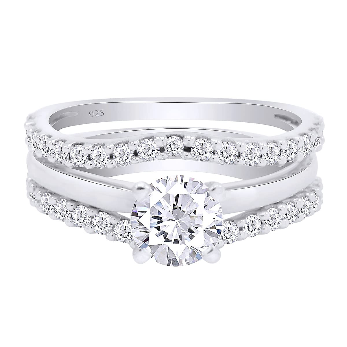 AFFY Round White Cubic Zirconia Enhancer Guard Ring In 14K White Gold Over Sterling Silver Jewelry For Women (1.00 Cttw) Ring Size-9.5