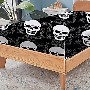 VTKON Skull Sheets Set Gothic Sheets Halloween Bed Sheets Full Black Skull Bedding Set for Kids Boys Women Goth Bedding Set with 1 Fitted Sheet + 1 Flat Sheet + 2 Pillowcases