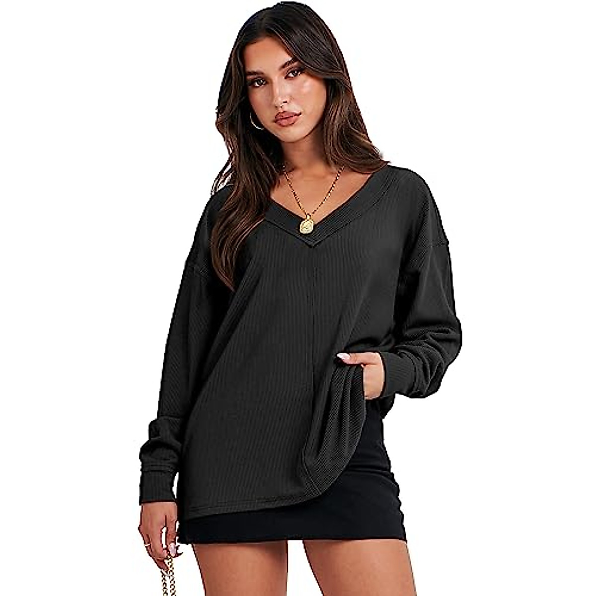 ANRABESS Women’s Casual Long Sleeve Sweatshirt V Neck Off Shoulder Shirt Loose Baggy Comfy Knit Pullover Sweaters Tunic Top 2023 Fall Clothes A1069heise-XL Black