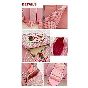 Lovemore Kawaii Embroidery Strawberry Backpack for Girl Teen Student School Bag Satchel Cute Pink Lace JK Backpack