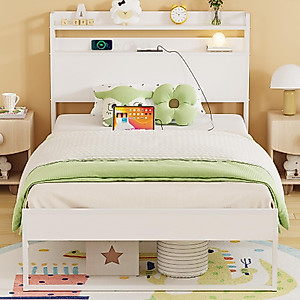 Elephance Twin Bed Frames with Charging Station and Storage Headboard, No Box Spring Needed, Noise Free, Easy Assembly
