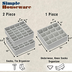 3 Pack - Simple Houseware Socks Underwear Drawer Organizer (24+24+16 cells), Grey