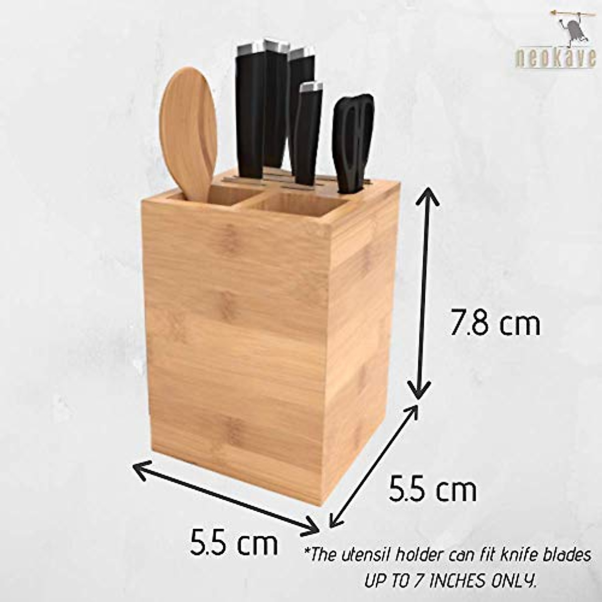 NEOKAVE Small Knife Block Holder- Bamboo Knife Utensil holder - Compact Knife Storage Organizer - Scissors, Utensil, Cleaver, Knife holder without knives for Kitchen Counter - for max 7" Blades