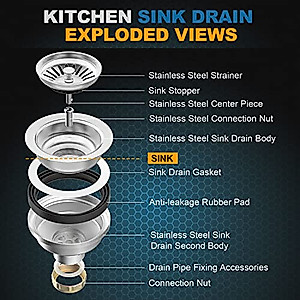 BOTEMY B9173 Kitchen Sink Drain Assembly 3-1/2 inch with Removable Sink Strainer Basket/Stopper 304 Stainless Steel Brushed