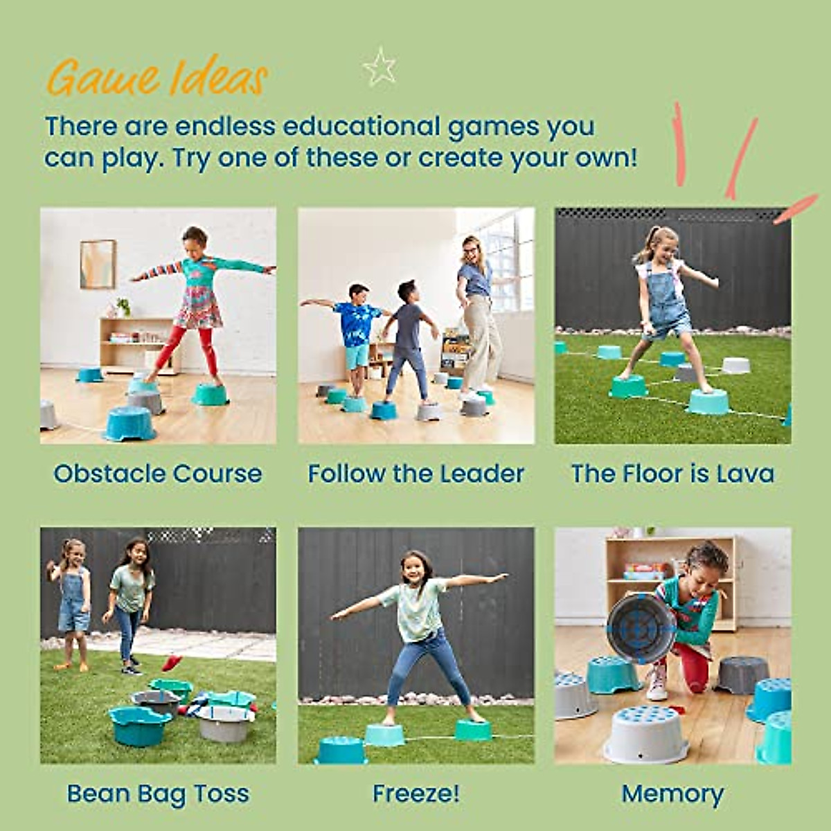 ECR4Kids Stepping Buckets with Storage Carry Bag, Balance Stones, Contemporary, 10-Piece