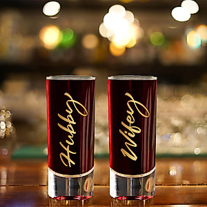 Hubby&Wifey Shot Glasses, Stylish and Unique Wedding Gift, for Newlyweds, Anniversary, Bridal Shower, and Engagement, with Stunning Gold Foil Print