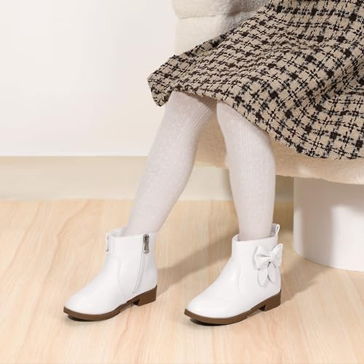 PANDANINJIA Toddler/Little Kid Girl's Sofia Sweet Short Ankle Boots Bowknot Side Zipper Dress Booties (White Pu, 2 Little Kid)