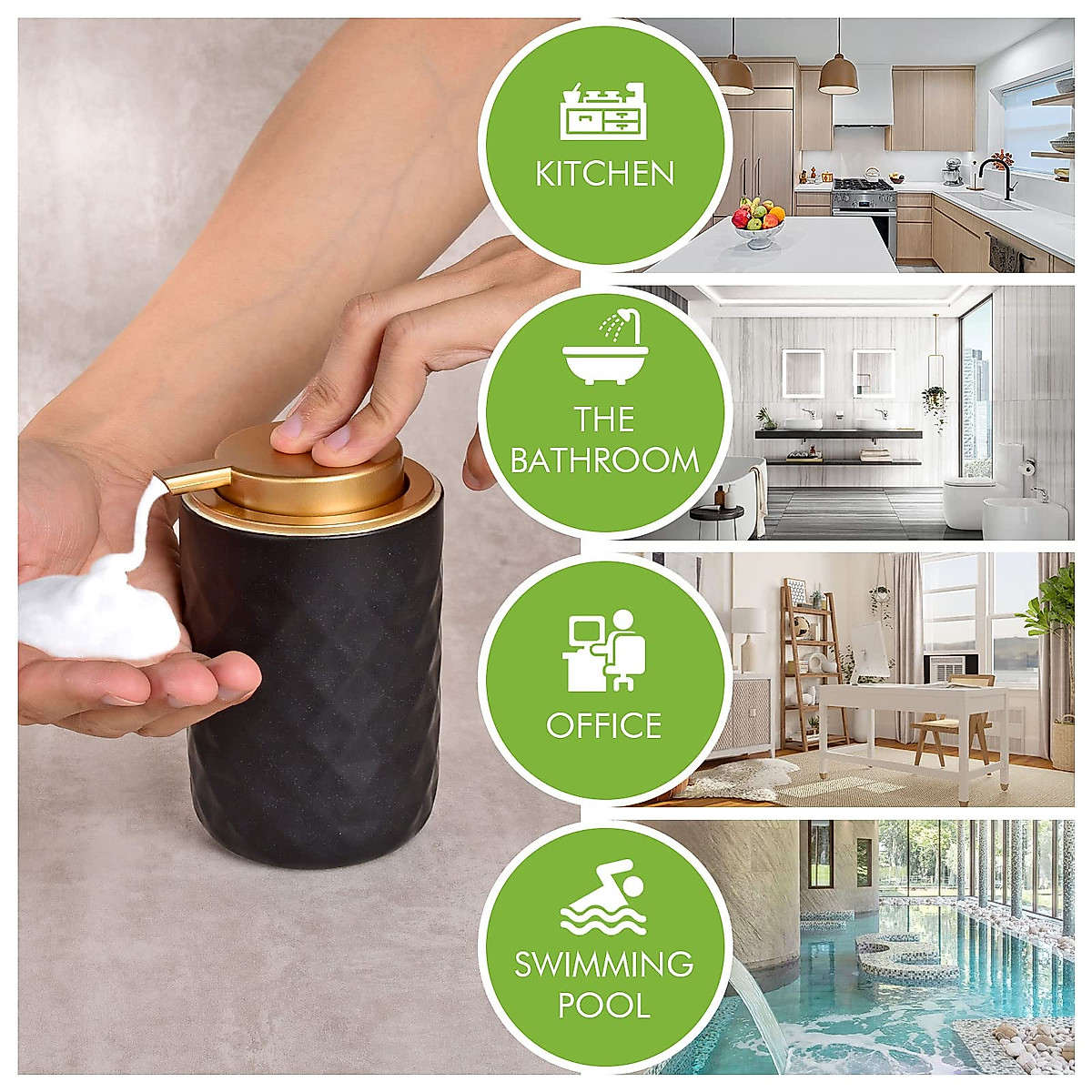 LALA DOLCE Foam Dispenser - Hand Pump Dispenser Foaming Soap Dispenser Ceramic Dish Liquid Dispenser for Kitchen Bathroom Hand Wash Bottle (13.5oz/400ml Black)