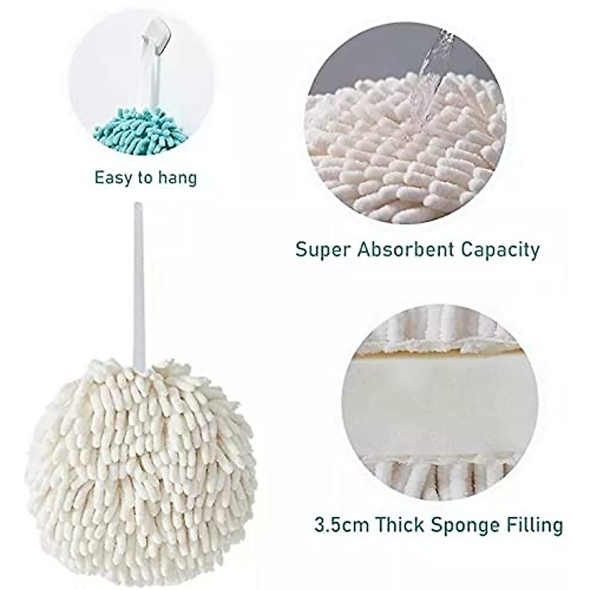 WEIWODUZUN 2 Pack Fuzzy Ball Towel White and Gray, Dry Your Hand Instantly conveniently with This Creative Bath Towel Set Towels for Bathroom Kitchen Chenille Hand Towels (2 Pack + 2 Hooks)