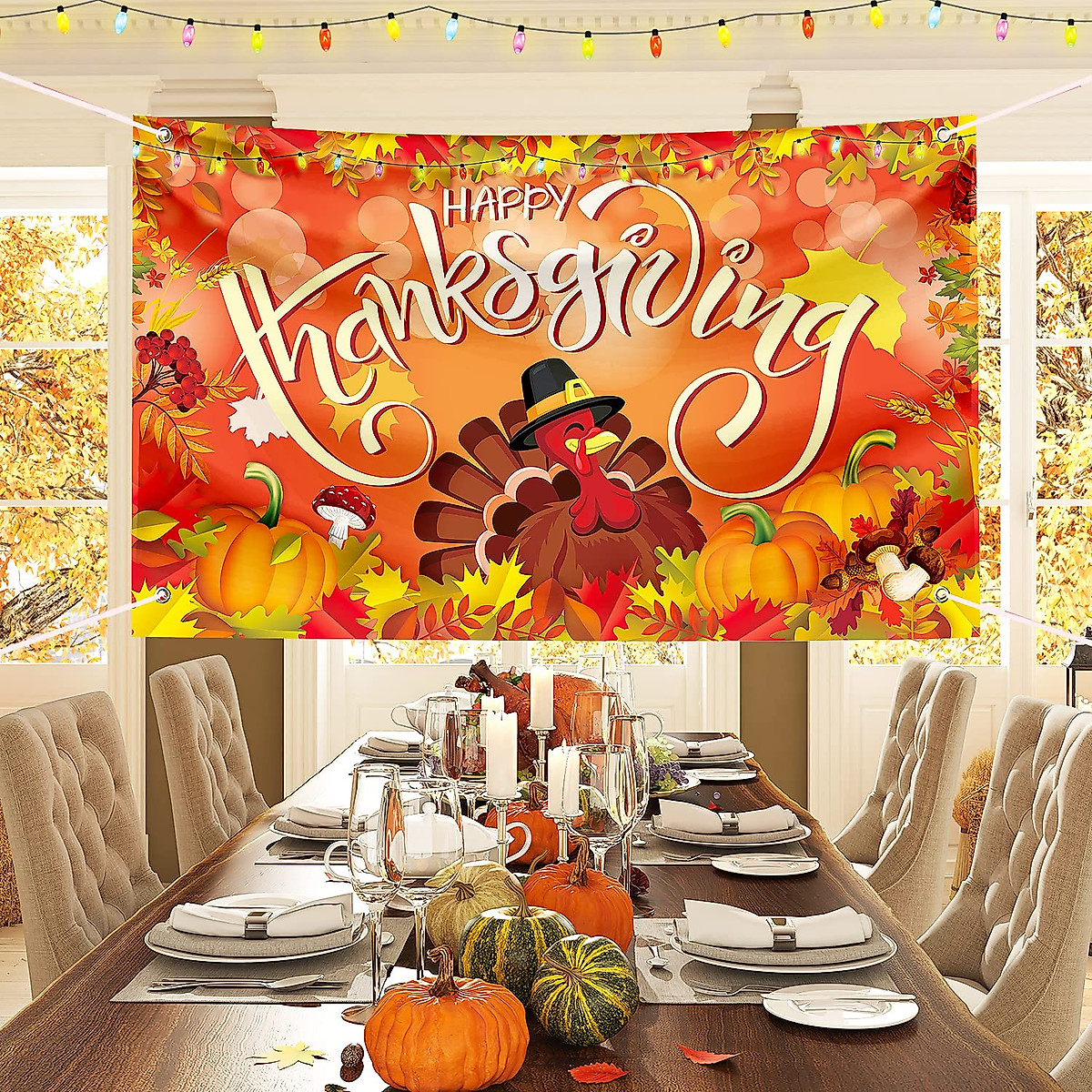 Large Thanksgiving Banner Decorations Outdoor 72x44 Inch,Turkey Maple Leaf Pumpkin Decorations Gifts for Indoor Home House Decor Party Supplies,Yard Sign Background for Photography