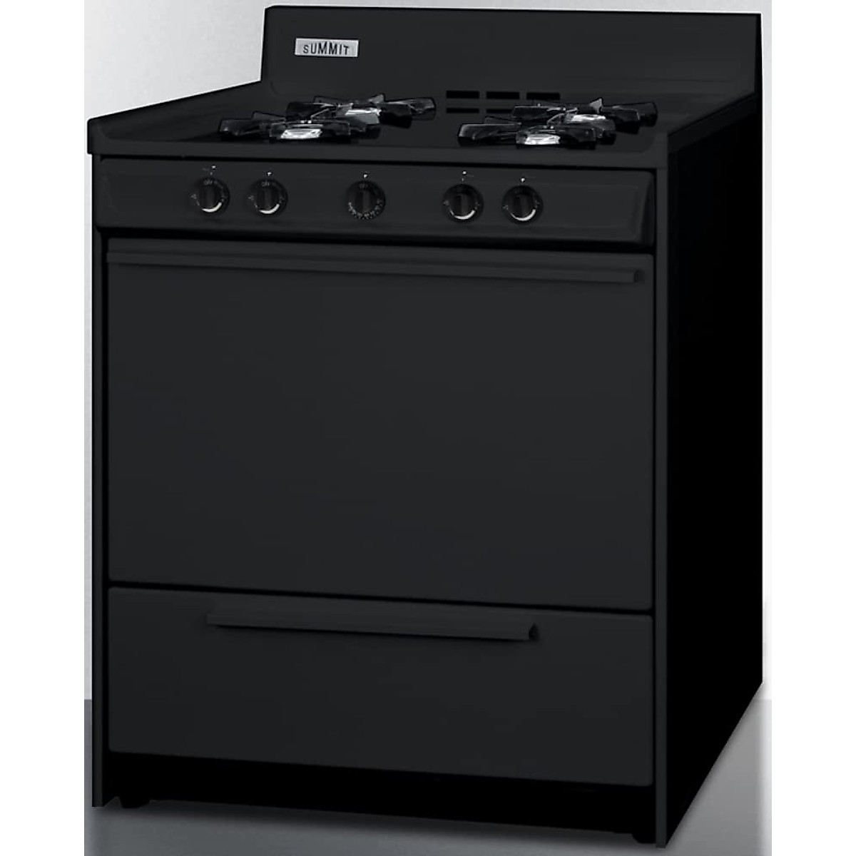 Summit Appliance TNM2107C 30" Wide Open Burner Gas Range in Black with Electronic Ignition, Four Open Burners, Adjustable Oven Racks, Broiler Pan, Porcelain and Steel Construction