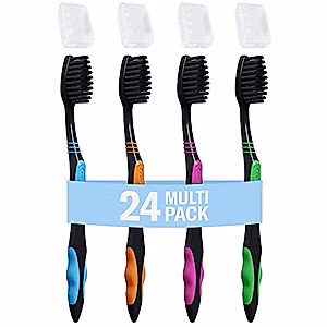 24 Count Charcoal Toothbrushes - Deepest Clean Black Charcoal Infused Soft Bristle Toothbrush Bulk Set - Colored Individually Wrapped Disposable Tooth Brush Pack for Travel, Kids, Family, Dental Care