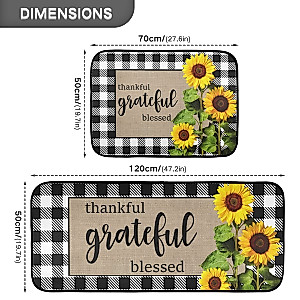 DOMIKING Sunflower Kitchen Rugs Non-Slip Fall Kitchen Mat for Floor Farmhouse Kitchen Decor Accessories 2 PCS Buffalo Plaid Comfort Foam Rug Doormats Standing Mat