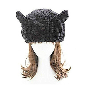 umbresen Cute Woollike Knitted CAT Kitty Ears Women Lady Girl Headgear Crochet Christmas Hats Black