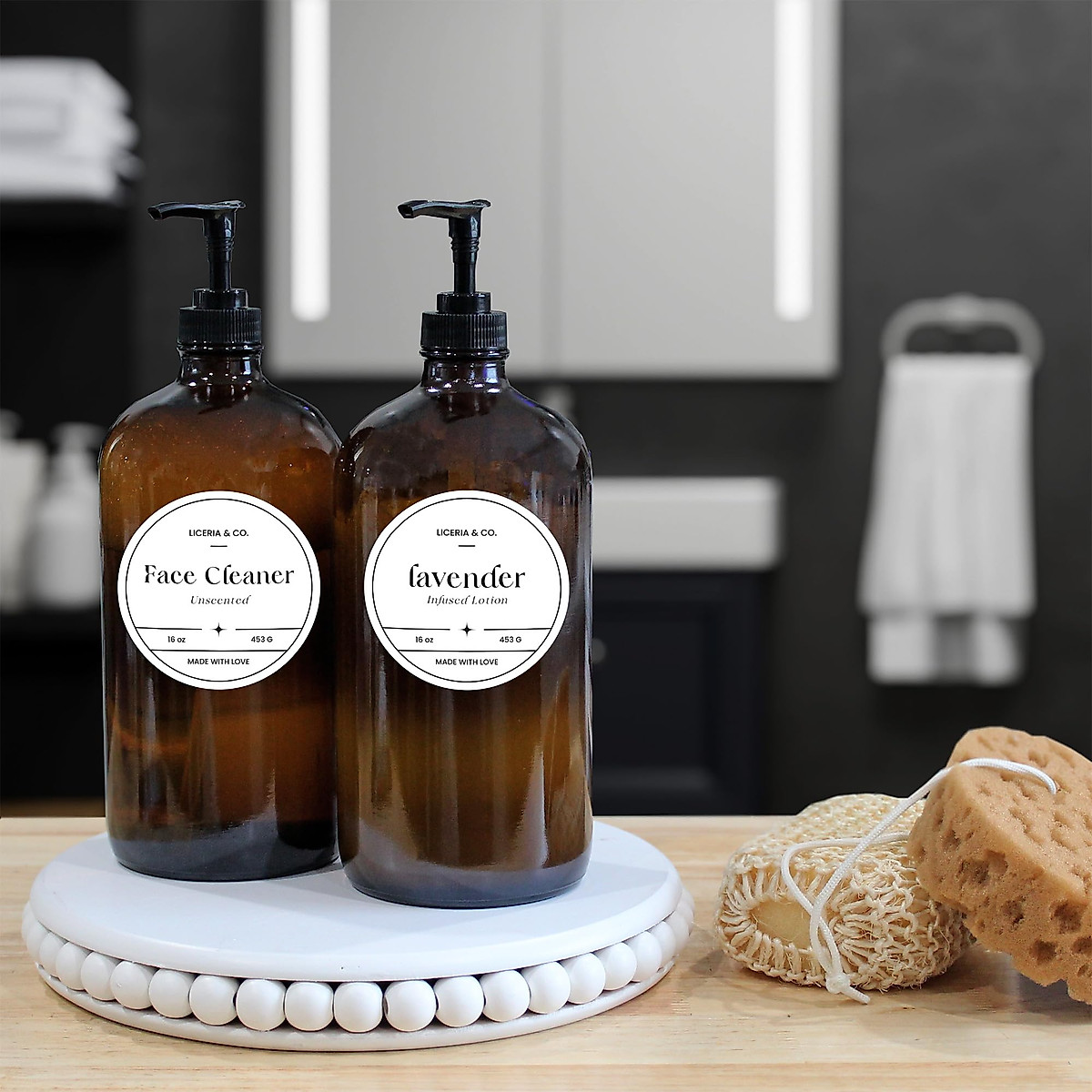 32-Ounce Amber Glass Lotion Pump Bottles (2-Pack); Quart Size Brown Bottles w/Black Plastic Locking Pump Dispensers; Includes Chalk Labels