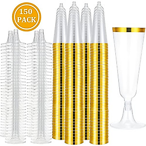 150 Pcs Champagne Flutes Plastic Champagne Glasses Clear Disposable Champagne Flutes Crystal Champagne Flutes Plastic Wine Glasses Plastic for Wedding Toasting Flutes Party Cocktail Cups (Gold)