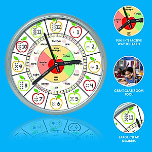 Educational Wall Clock - Silent Movement Time Teaching Clock for Teacher's Classrooms and Kid's Bedrooms (Silver/Multicolor Apple)