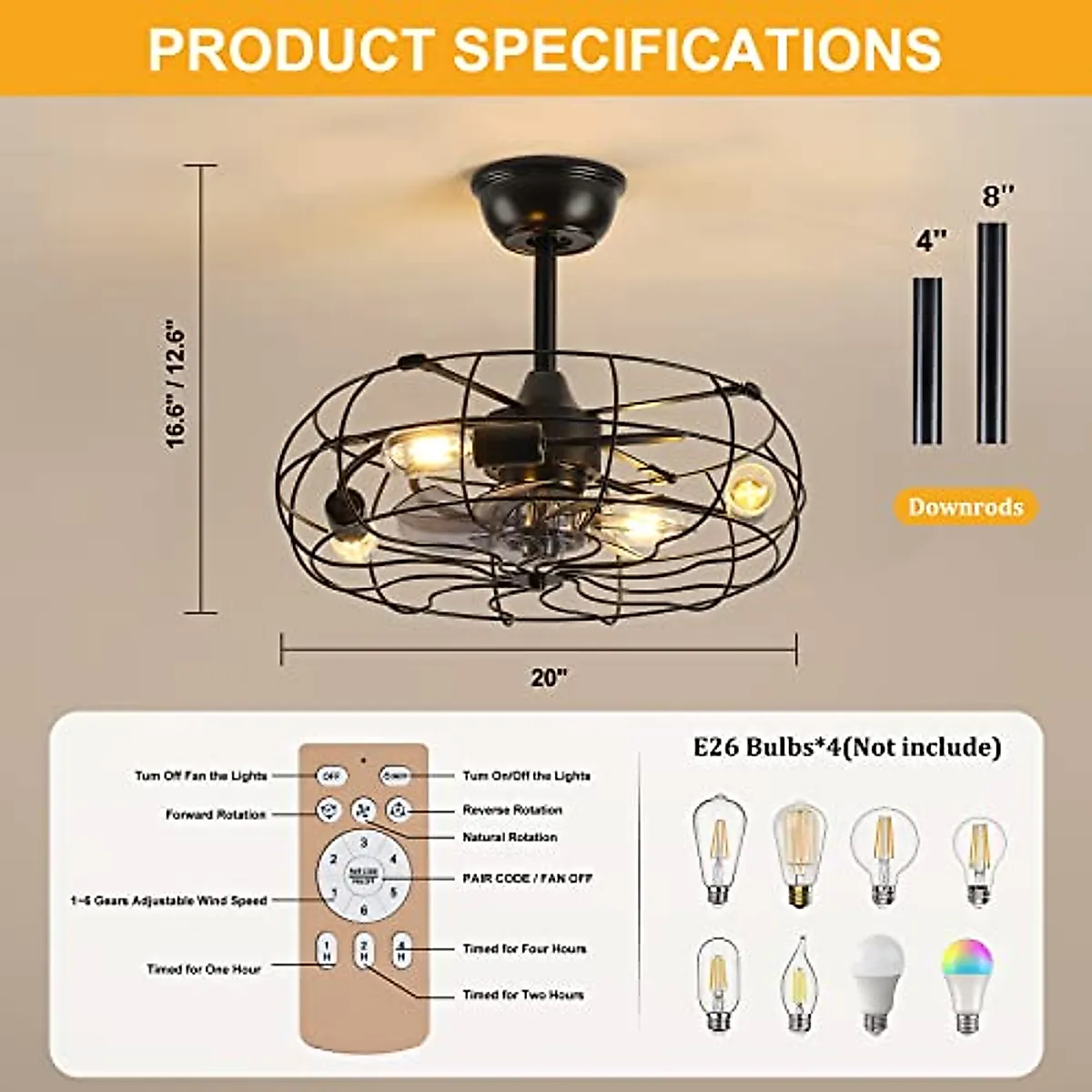 Caged Ceiling Fan with Light Modern Industrial Ceiling Fans with Lights Remote Control Farmhouse Ceiling Fan Light Gazebo Fan light for Patio Kitchen Living room Entrance Indoor Outdoor Black