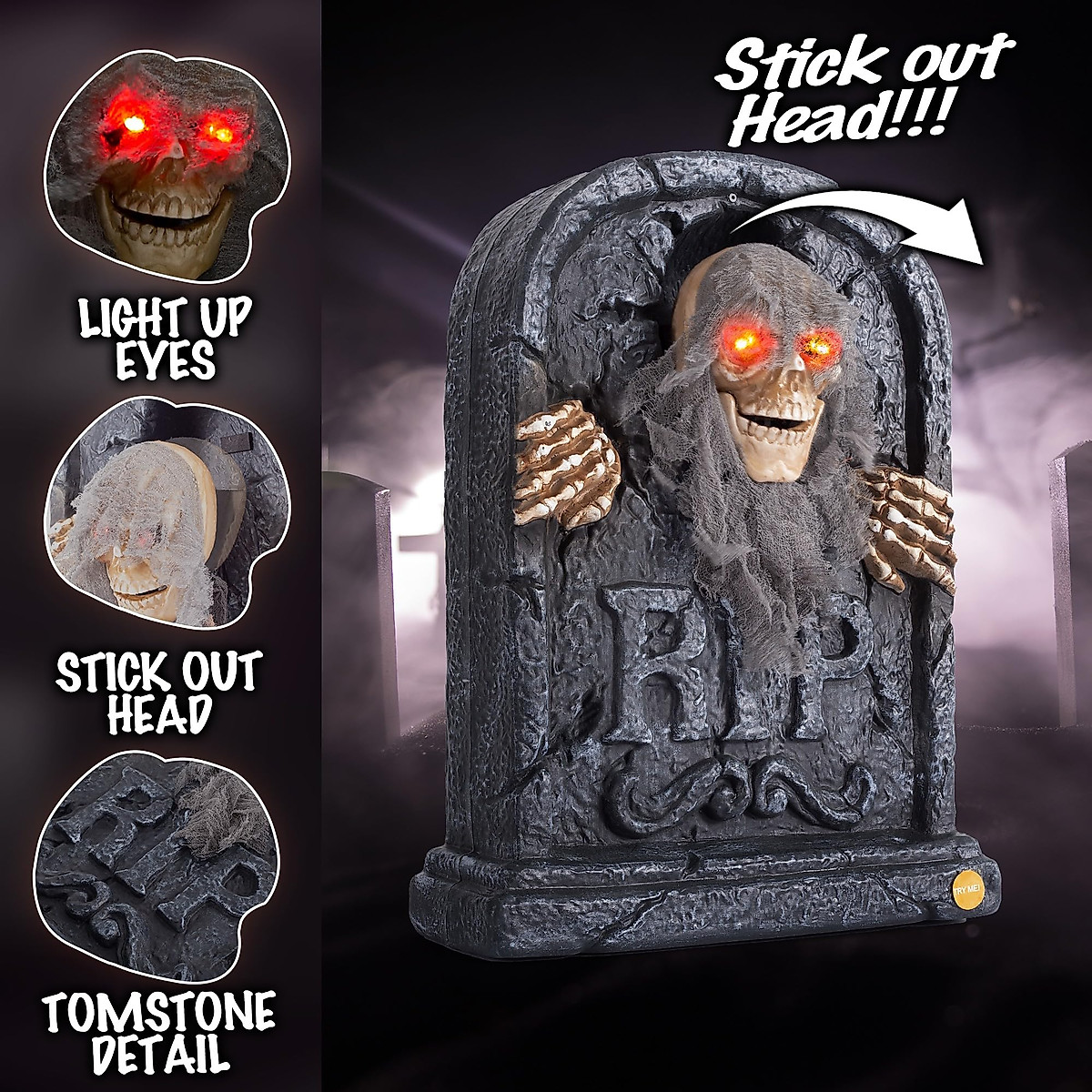 ELAMAS Halloween Animated Zombie Tombstone - Animatronic Skeleton Decorations with Sound Activated, Creepy Voice, Spooky Skull Head, Light Up Eyes, Scary Motion, Horror Prop for Indoor/Outdoor