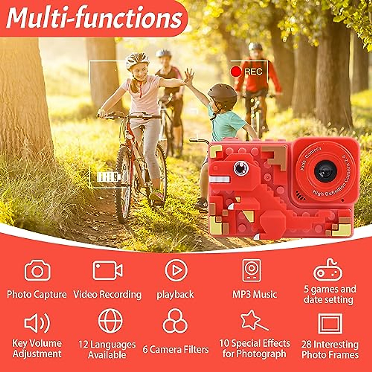Kids Camera for Boys and Girls, Children Digital Video Toy Camera with Dinosaur Silicone Building Blocks, Selfie Camera for Kids, Christmas Birthday Festival Gifts for Age Above 6 with 32GB SD Card
