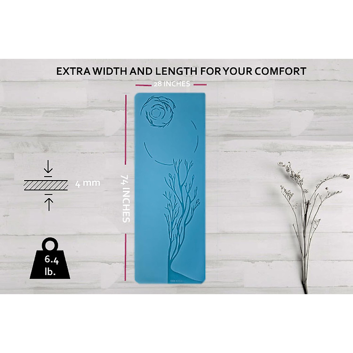 Pan Yoga Non Slip Yoga Mat with Carrying Strap – 100% Eco-friendly Pro Yoga Mat- Natural Rubber and PU - Organic Yoga Mat for Women, Large Yoga Mat for Men, (74" x 28" x 4mm Thick) (Sky Turquoise)