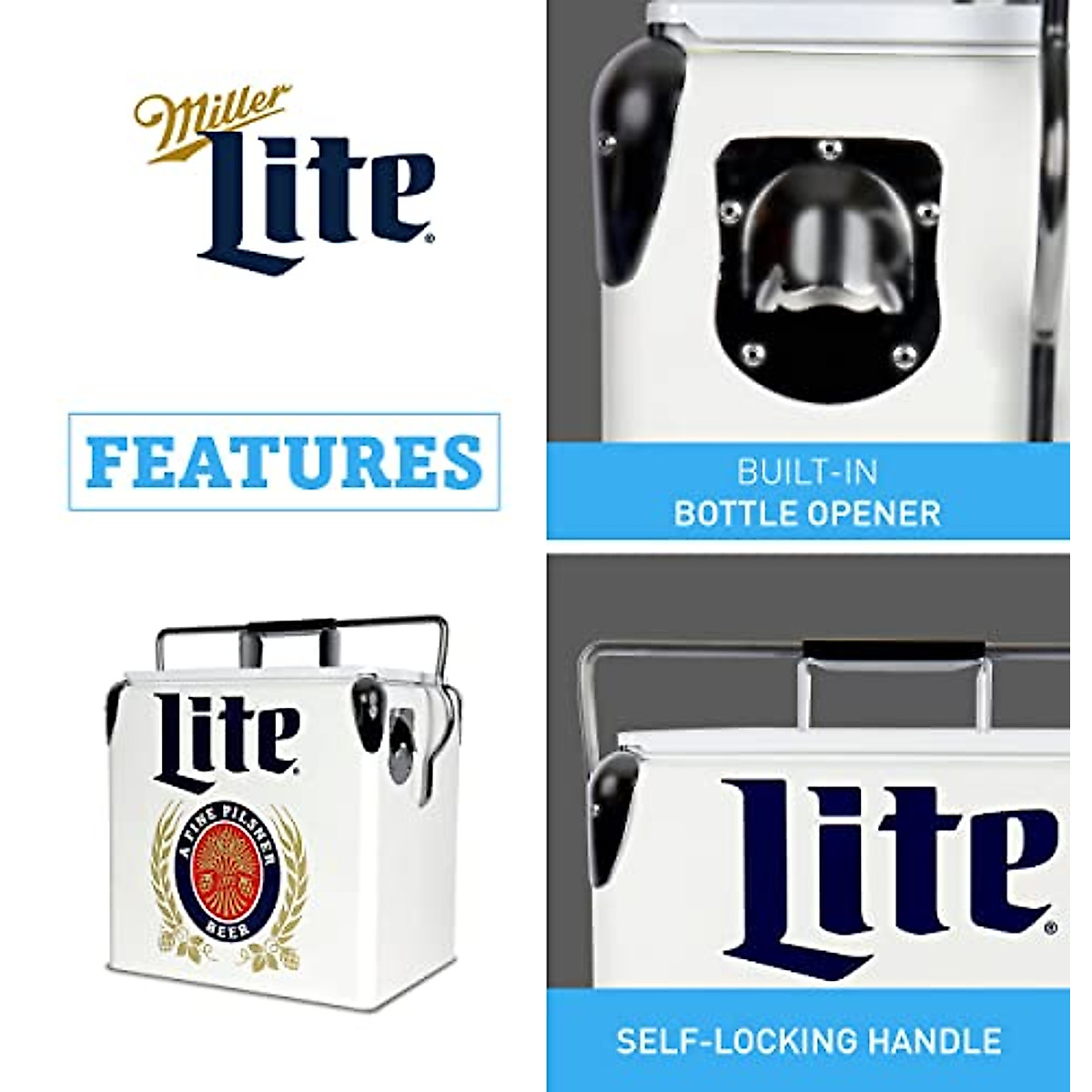 Miller Lite Retro Ice Chest Cooler with Bottle Opener 13L (14 qt), 18 Can Capacity, Blue and Red, Vintage Style Ice Bucket for Camping, Beach, Picnic, RV, BBQs, Tailgating, Fishing