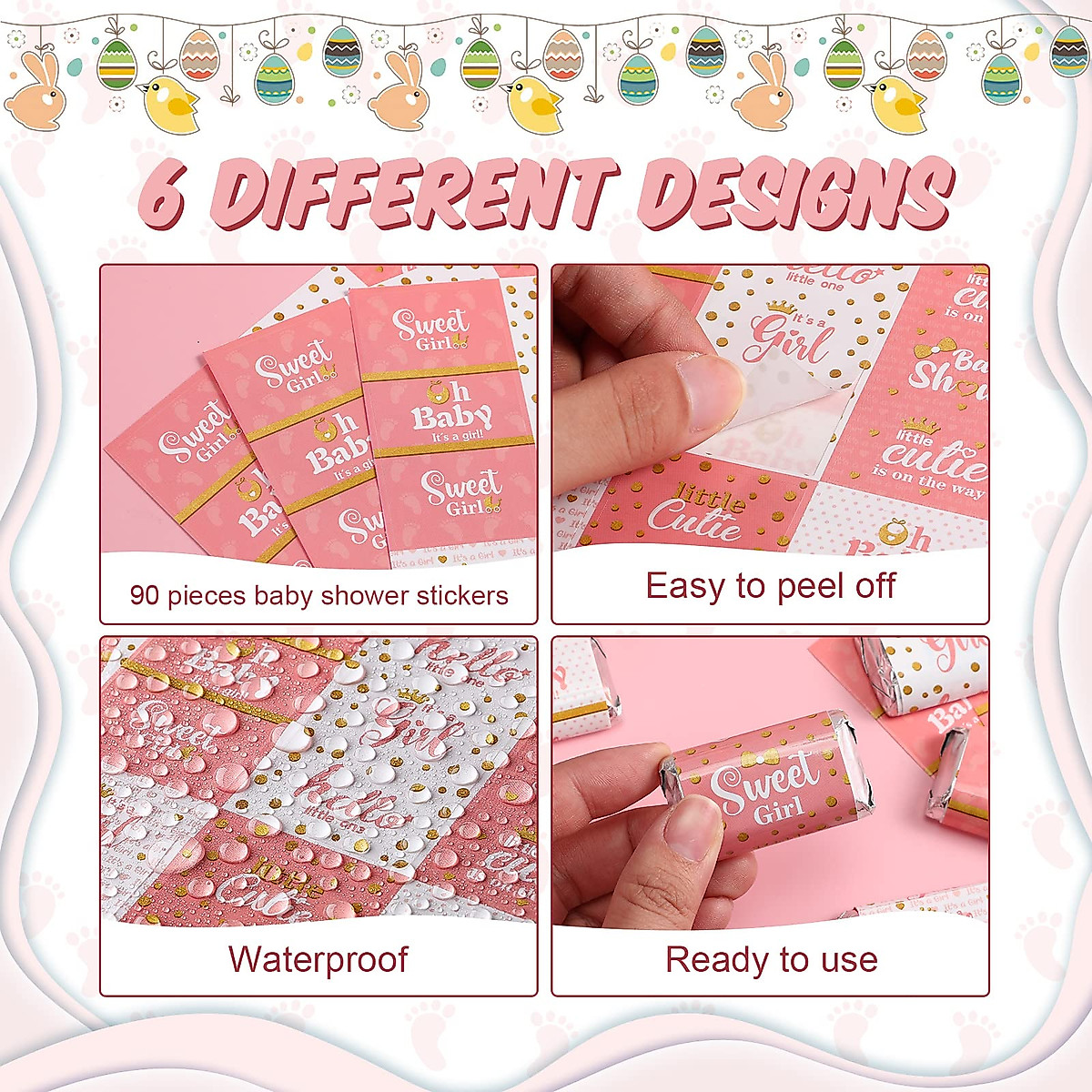 Baby Shower Candy Wrappers, Shower Mini Candy Bar Miniatures Wrappers Chocolate Bar Label Stickers for Boys Girls Kids Baby Shower Decor (No Candy)(Pink Girl Style, 90 Pieces)