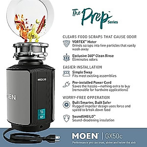 Moen GX50C Disposer Prep Series 1/2 HP Continuous Feed Garbage Disposal with Sound Reduction, Power Cord Included