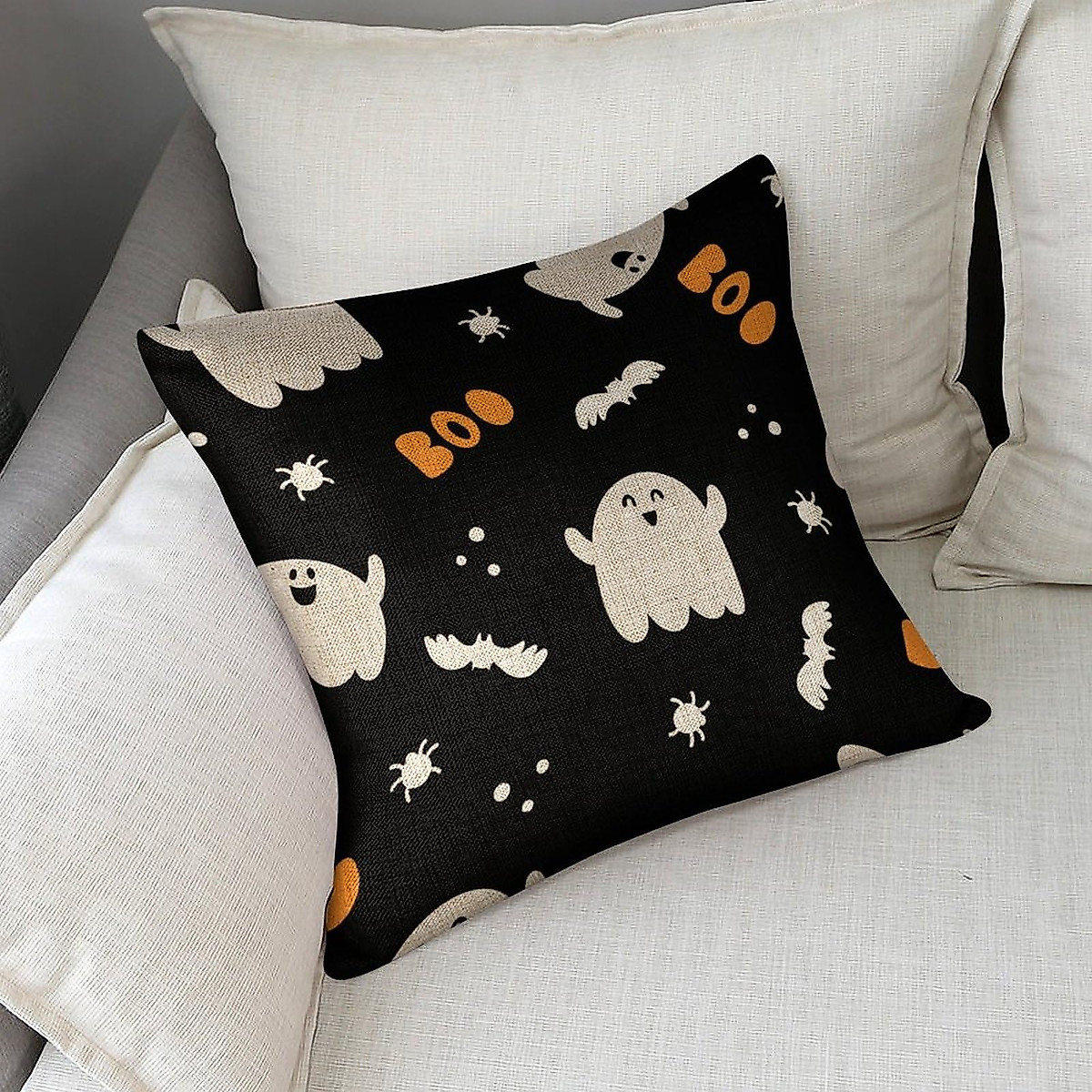 Halloween Cartoon Ghost Bats Throw Pillow Covers 18×18 Pillowcases Set of 2 Spider Boo Linen Decorative Square Pillow Case Cushion Covers Standard Size for Sofa Couch Outdoor Bed Pillow Protectors