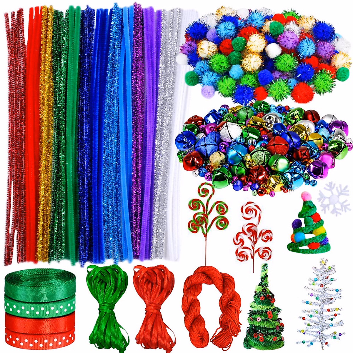 Winlyn 475 Set Christmas Jingle Bell Wreath Christmas Tree Ornaments Craft Kit Jingle Bell Metallic Chenille Stems Glitter Pom-Poms Ribbon Assortment for Kids Holiday Xmas Bracelets Necklaces Artwork