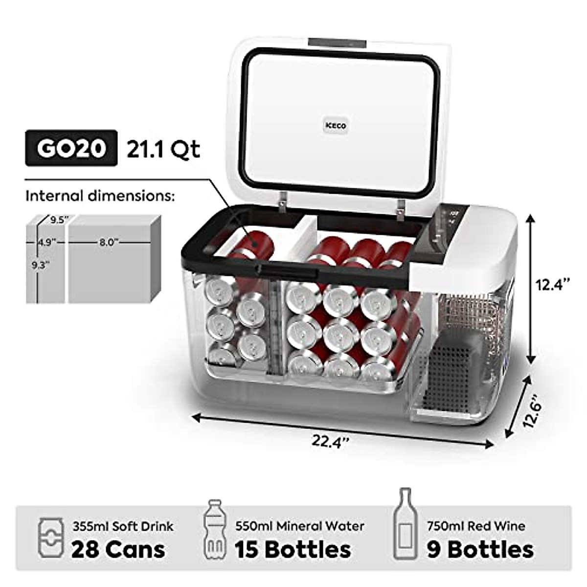 ICECO GO20 Dual Zone Portable Refrigerator, Separate Control, 21 Quart/20 Liter, DC & AC, 0℉ to 50℉, with Danfoss Compressor, Mini Fridge Cooler Refrigerator for Outdoor, Home Use, White