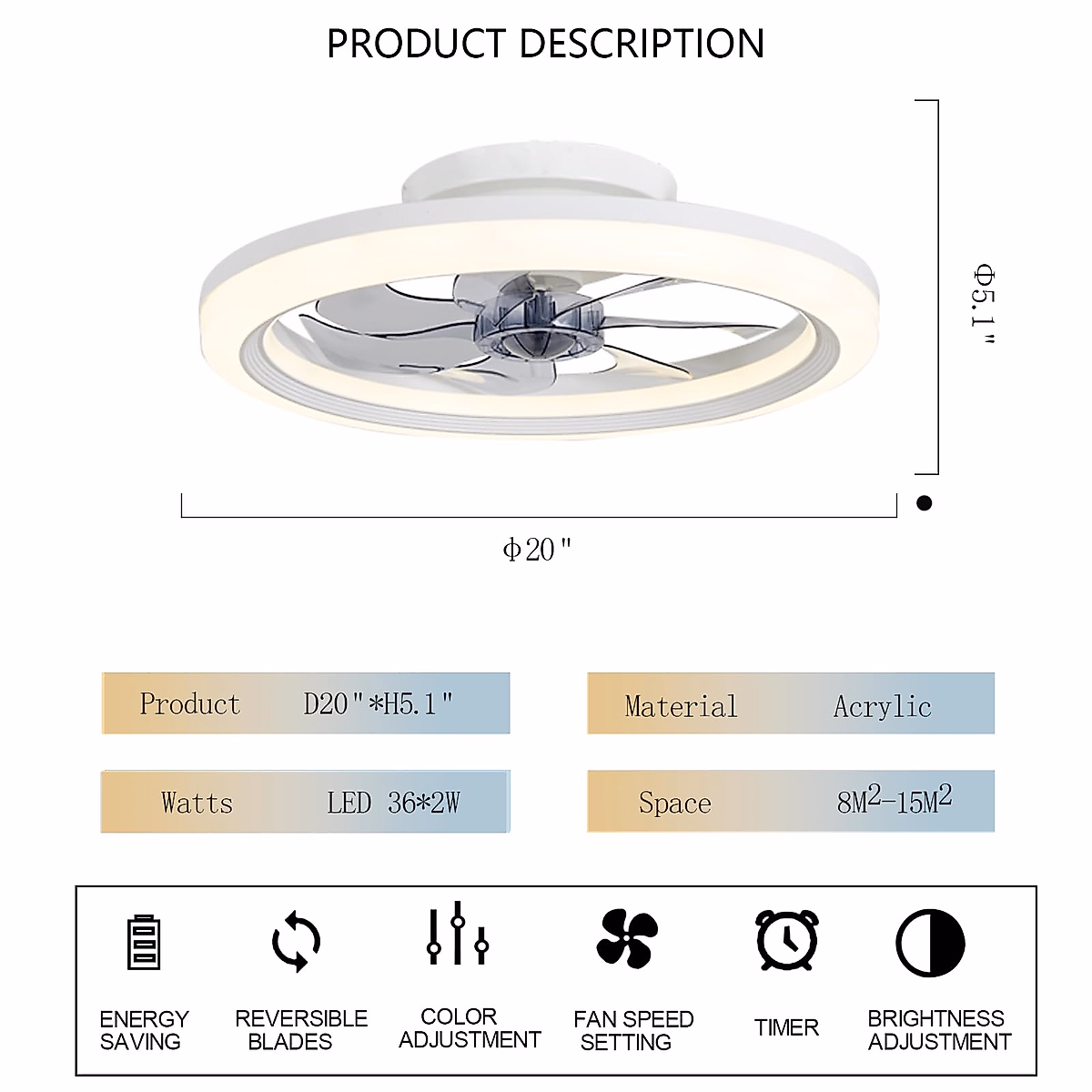 OUREDEEY 20" Modern Ceiling Fan with Light, 6 Speeds & Dimmable, White Flush Mount for Home