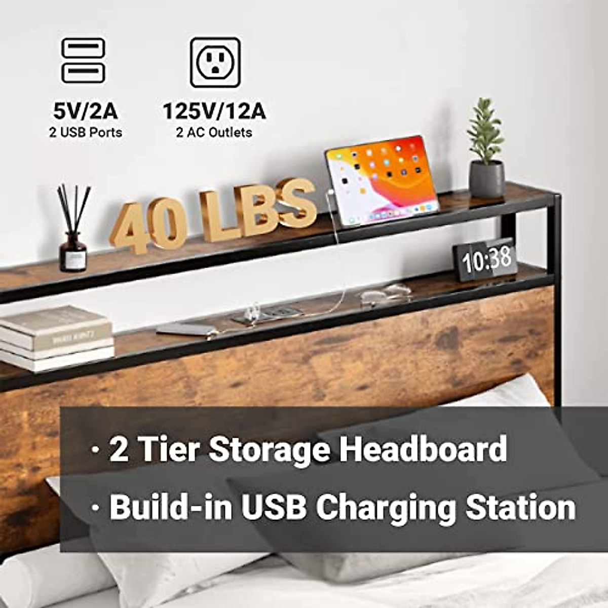 Zevemomo Queen Bed Frame, Queen Size Metal Platform Bed Frame with 2-Tier Storage Wood Headboard and Power Outlets, USB Ports Charging Station/No Box Spring Needed/Noise-Free/Easy Assembly/Brown