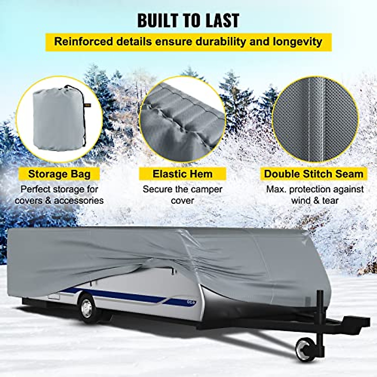 VEVOR Pop Up Camper Cover, Fit for 12'-14' Trailers, Ripstop 4-Layer Non-Woven Fabric Folding Trailer Covers, UV Resistant Waterproof RV Storage Cover w/ 3 Wind-Proof Ropes and 1 Storage Bag, Gray