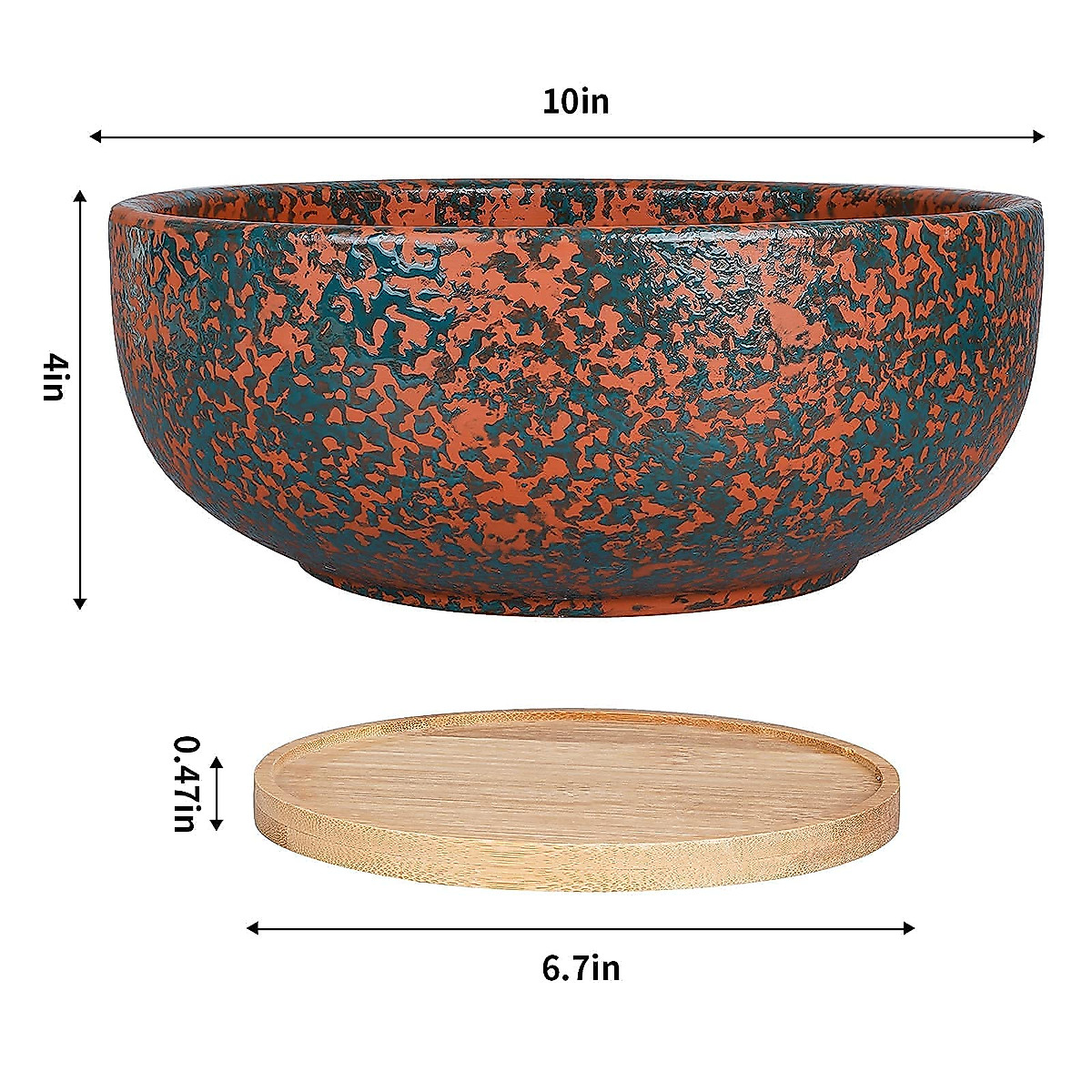 Fivepot 10 Inch Terracotta Succulent Planter Pot with Drainage Hole and Bamboo Tray Round Shallow Bonsai Pot for Indoor Plants