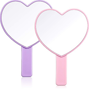 Jetec 2 Pieces Heart Shaped Handheld Mirrors Travel Makeup Mirrors Mini Cosmetic Mirror with Handle Small Heart Mirrors Decorative Hand Held Mirror for Women Valentine's Day(Pink, Purple)