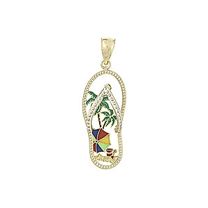 Million Charms 14k Yellow Gold Beach Charm Pendant, Palm Tree Beach Scene Flip-Flop with Enamel, Cut-Out