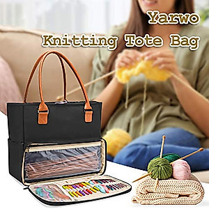 YARWO Knitting Tote Bag with Pockets for WIP Projects, Yarn Storage Organizer Bag for 14” Knitting Needles, Skeins of Yarn and Crochet Hooks, Black
