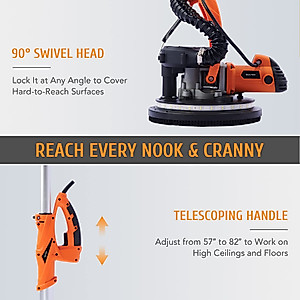 ZELCAN 850W Electric Power Drywall Sander with Vacuum Dust Collector, Swivel Head Extendable Variable 5-Speed LED High Visibility Wall Grinding Machine and 12 Sanding Discs