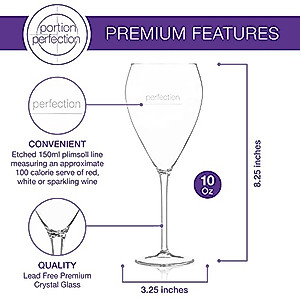 Portion Control Wine Glass, Set of 2, Elegant Hand Blown Italian Style Lead-Free Premium Crystal Glass 10oz, with 5oz 100 Calorie Measurement Etched Line for Red, White, Rose or Sparkling Wine