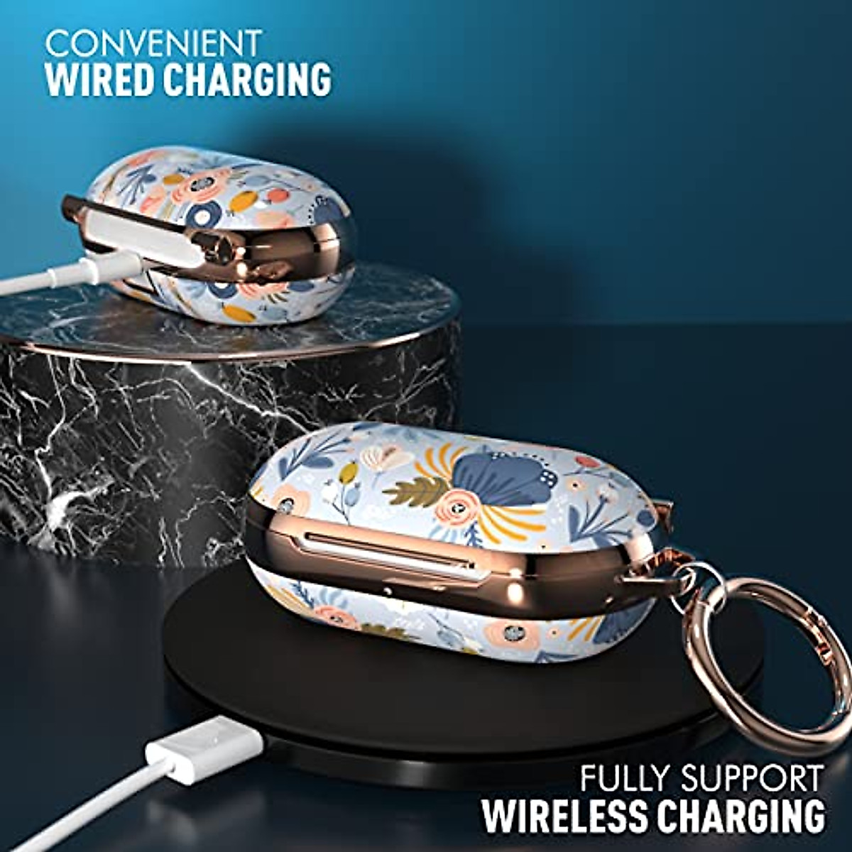 wenew Case Cover for Samsung Galaxy Buds & Galaxy Buds Plus, Protective Hard Case for Women Girls Men with Cute Patterns Clip Keychain LED Visible (Blue)