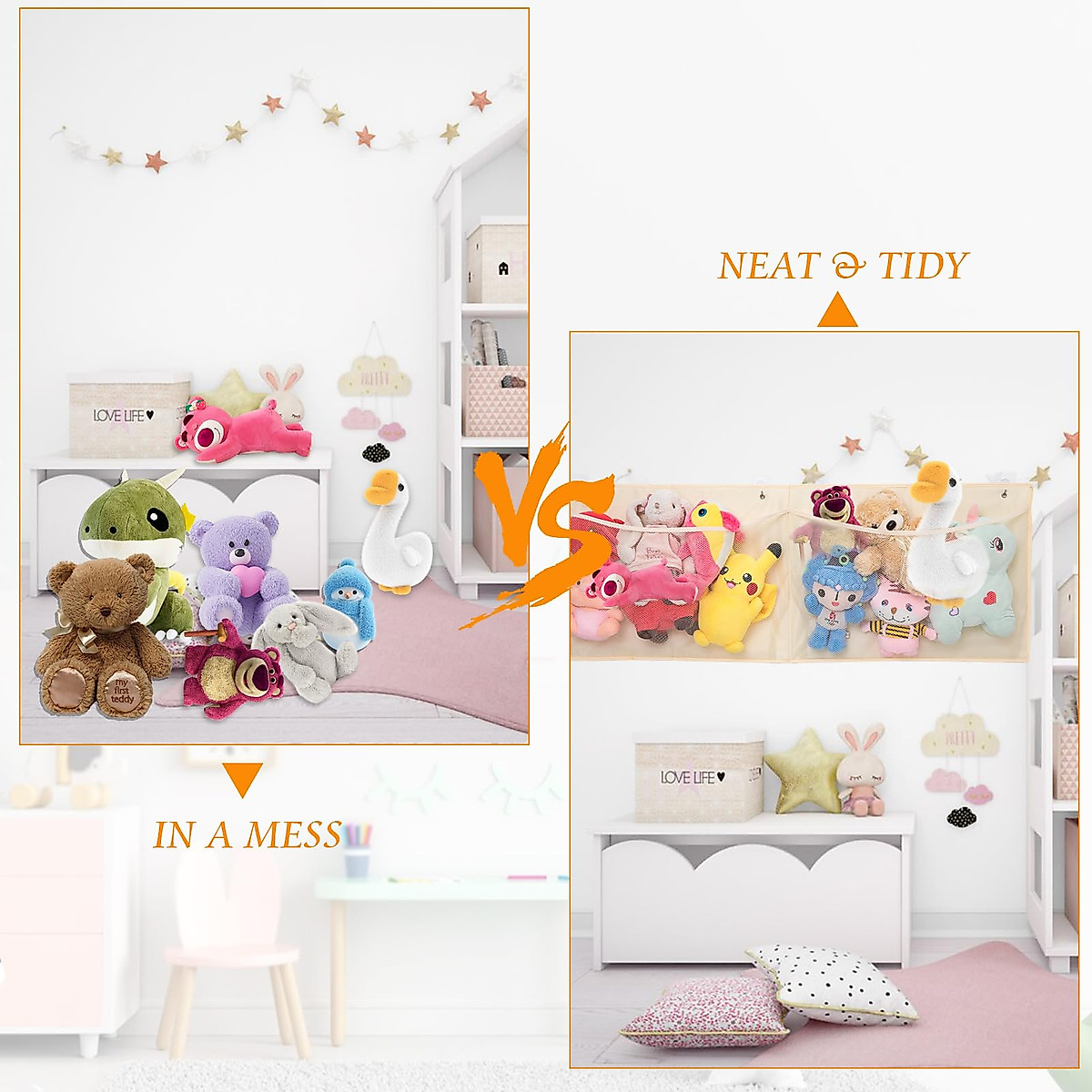 CINPIUK Stuffed Animal Storage Net Wall Haning Organizer Storage for Stuffies, Baby Ideas Holder Plush Plushie Organizer Basket with 2 Pockets for Nursery Wall Bedroom Room, Beige