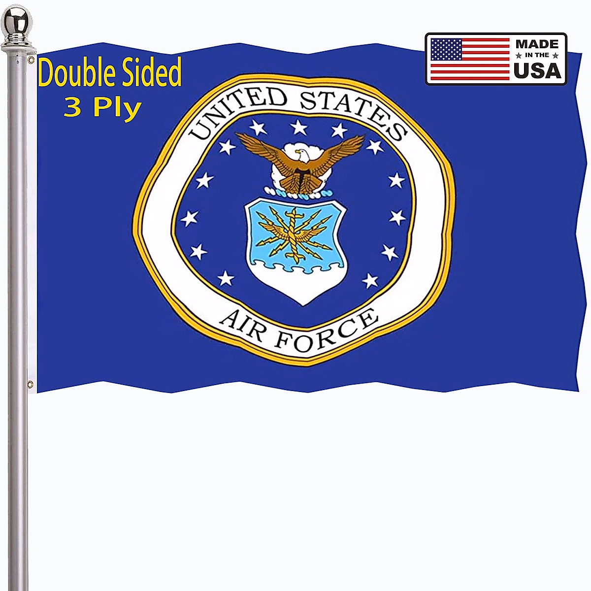 Air Force Crest Emblem Flag 3x5 Outdoor Double Sided 3 Ply- US Coat of Arms Military USAF Flags-Vivid Color Clear Pattern Reinforcement Sewing Durable Polyester with 2 Brass Grommets