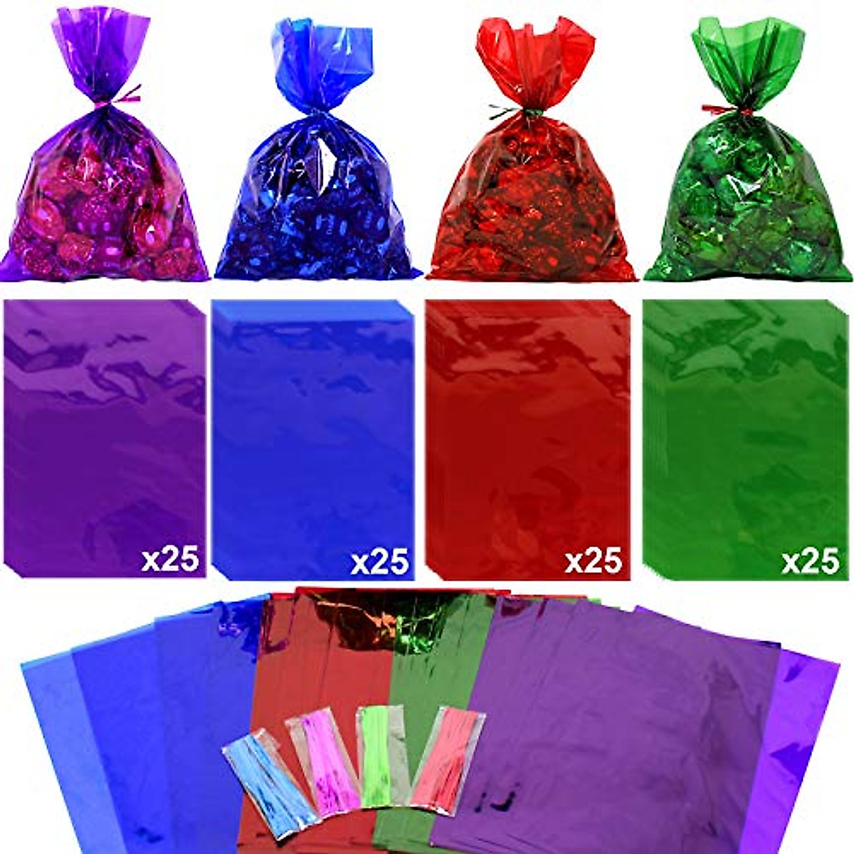 AnapoliZ Cellophane Bags 100 pcs Mix Colors (6 Inch x 9 Inch) | Colorful Cello Treat Bags with Twist Ties | 2.5 Mil Quality Cellophane Treat Bags | Transparent Color 6x9 Inch Bags